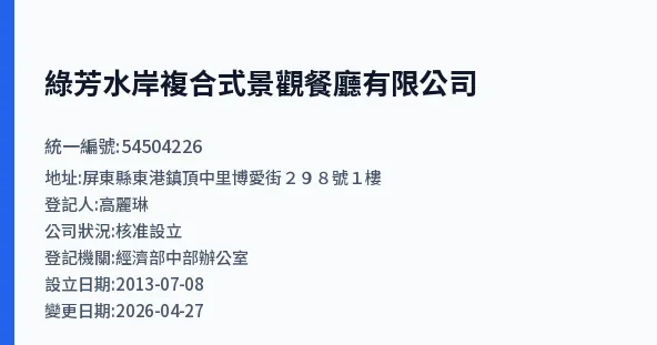 綠芳水岸複合式景觀餐廳有限公司的照片-統編 54504226(屏東縣) 公司登記資料與營業項目詳細圖表