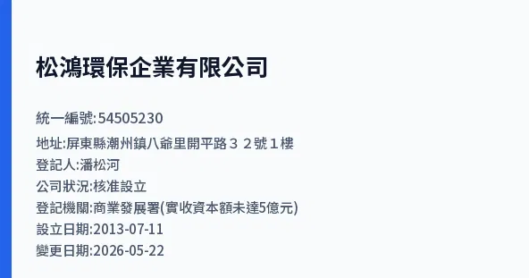 松鴻環保企業有限公司的照片-統編 54505230(屏東縣) 公司登記資料與營業項目詳細圖表