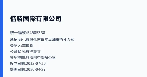 偕勝國際有限公司的照片-統編 54505338(彰化縣) 公司登記資料與營業項目詳細圖表
