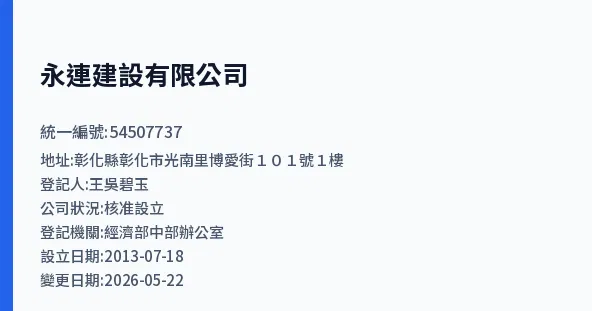 永連建設有限公司的照片-統編 54507737(彰化縣) 公司登記資料與營業項目詳細圖表