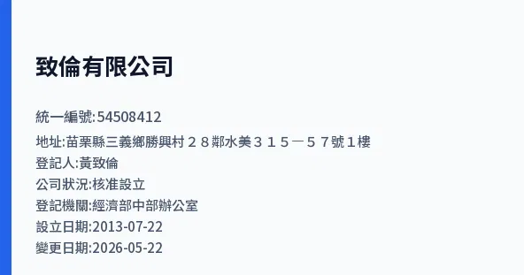 致倫有限公司的照片-統編 54508412(苗栗縣) 公司登記資料與營業項目詳細圖表
