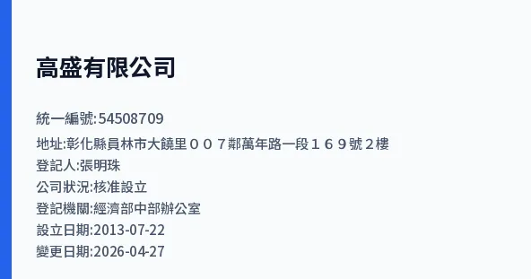 高盛有限公司的照片-統編 54508709(彰化縣) 公司登記資料與營業項目詳細圖表