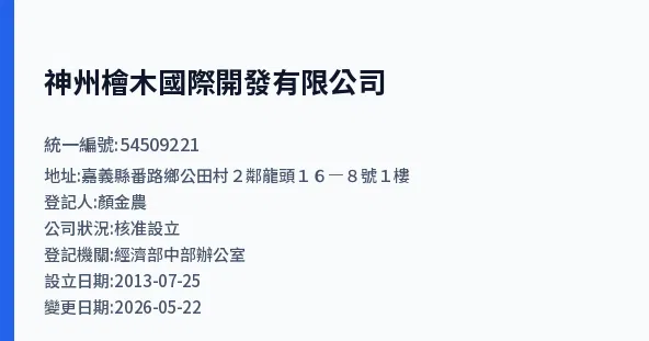 神州檜木國際開發有限公司的照片-統編 54509221(嘉義縣) 公司登記資料與營業項目詳細圖表