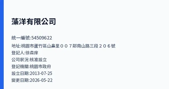 藻洋有限公司的照片-統編 54509622(桃園市) 公司登記資料與營業項目詳細圖表