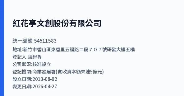 紅花亭文創股份有限公司的照片-統編 54511583(新竹市) 公司登記資料與營業項目詳細圖表
