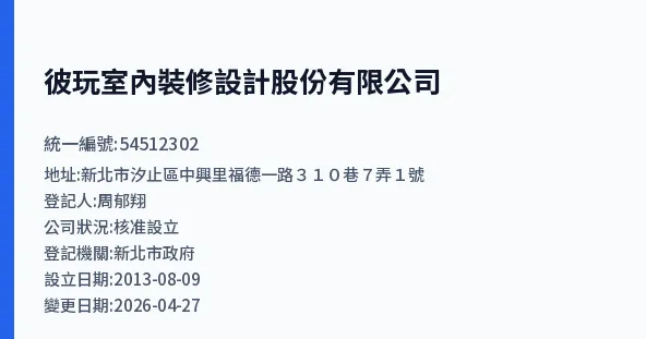 彼玩室內裝修設計股份有限公司的照片-統編 54512302(新北市) 公司登記資料與營業項目詳細圖表