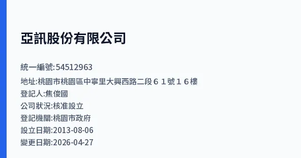 亞訊股份有限公司的照片-統編 54512963(桃園市) 公司登記資料與營業項目詳細圖表