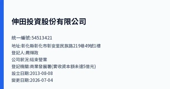伸田投資股份有限公司的照片-統編 54513421(彰化縣) 公司登記資料與營業項目詳細圖表