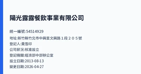 陽光露露餐飲事業有限公司的照片-統編 54514929(新竹縣) 公司登記資料與營業項目詳細圖表