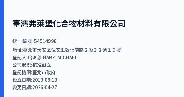 臺灣弗萊堡化合物材料有限公司的照片-統編 54514998(臺北市) 公司登記資料與營業項目詳細圖表