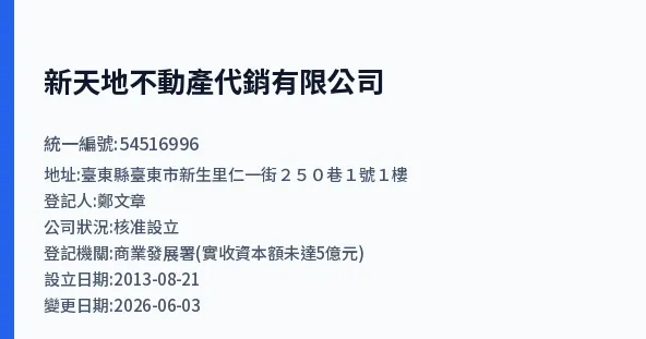 新天地不動產代銷有限公司的照片-統編 54516996(臺東縣) 公司登記資料與營業項目詳細圖表