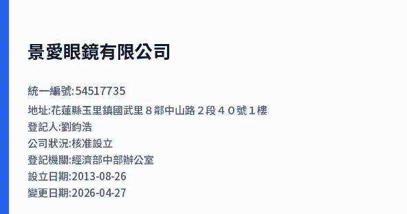 景愛眼鏡有限公司的照片-統編 54517735(花蓮縣) 公司登記資料與營業項目詳細圖表