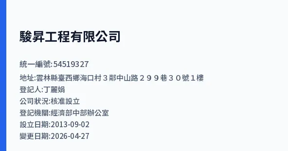 駿昇工程有限公司的照片-統編 54519327(雲林縣) 公司登記資料與營業項目詳細圖表