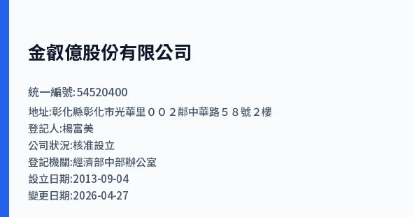金叡億股份有限公司的照片-統編 54520400(彰化縣) 公司登記資料與營業項目詳細圖表
