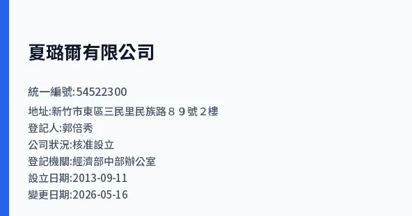 夏璐爾有限公司的照片-統編 54522300(新竹市) 公司登記資料與營業項目詳細圖表