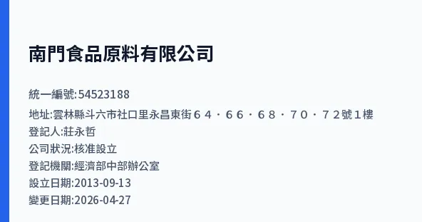 南門食品原料有限公司的照片-統編 54523188(雲林縣) 公司登記資料與營業項目詳細圖表