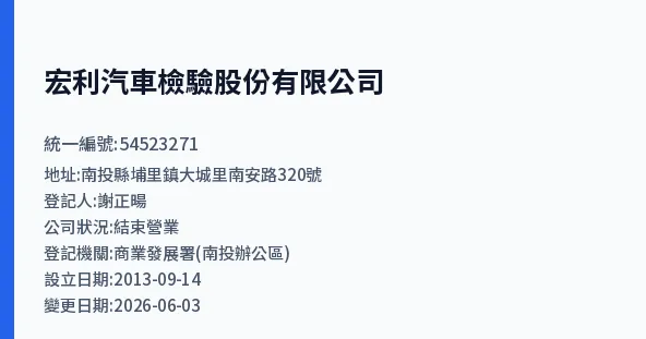 宏利汽車檢驗股份有限公司的照片-統編 54523271(南投縣) 公司登記資料與營業項目詳細圖表