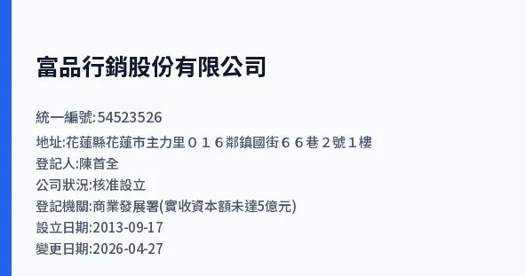 富品行銷股份有限公司的照片-統編 54523526(花蓮縣) 公司登記資料與營業項目詳細圖表