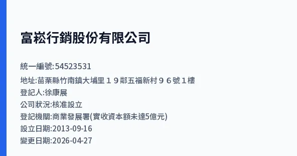 富崧行銷股份有限公司的照片-統編 54523531(苗栗縣) 公司登記資料與營業項目詳細圖表