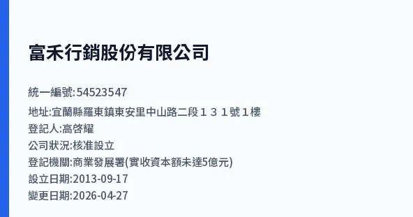 富禾行銷股份有限公司的照片-統編 54523547(宜蘭縣) 公司登記資料與營業項目詳細圖表