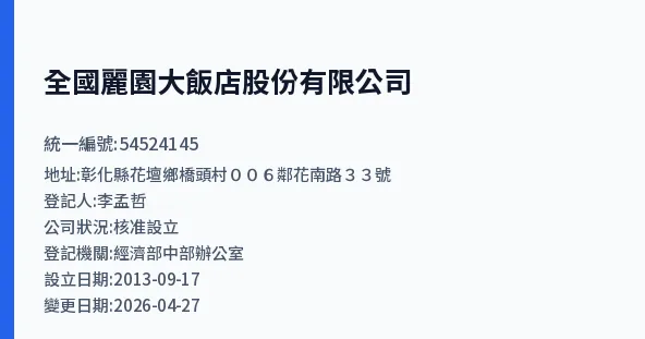 全國麗園大飯店股份有限公司的照片-統編 54524145(彰化縣) 公司登記資料與營業項目詳細圖表