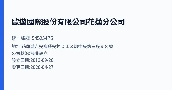 歐遊國際股份有限公司花蓮分公司的照片-統編 54525475(花蓮縣) 公司登記資料與營業項目詳細圖表