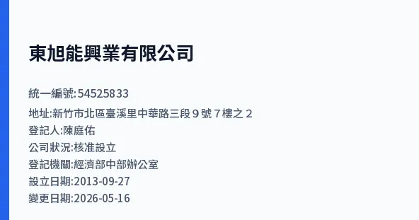 東旭能興業有限公司的照片-統編 54525833(新竹市) 公司登記資料與營業項目詳細圖表