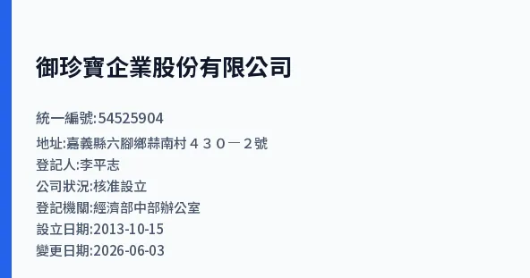 御珍寶企業股份有限公司的照片-統編 54525904(嘉義縣) 公司登記資料與營業項目詳細圖表