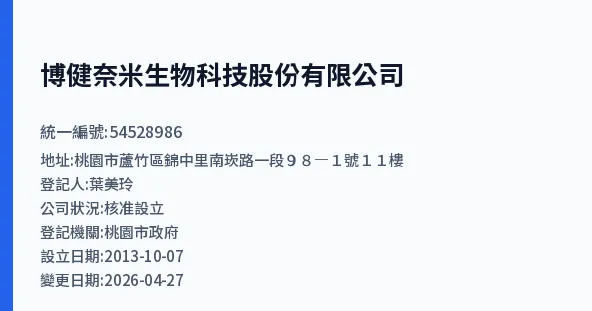 博健奈米生物科技股份有限公司的照片-統編 54528986(桃園市) 公司登記資料與營業項目詳細圖表