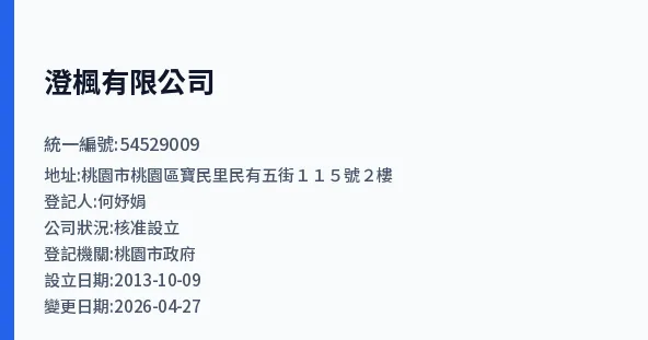 澄楓有限公司的照片-統編 54529009(桃園市) 公司登記資料與營業項目詳細圖表