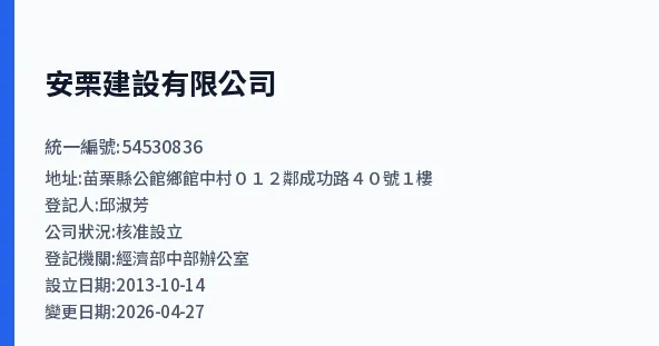 安栗建設有限公司的照片-統編 54530836(苗栗縣) 公司登記資料與營業項目詳細圖表
