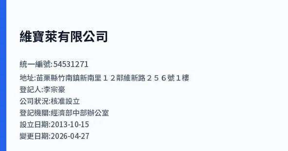 維寶萊有限公司的照片-統編 54531271(苗栗縣) 公司登記資料與營業項目詳細圖表