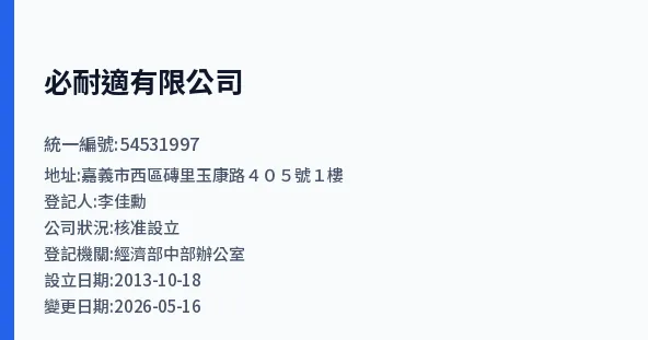 必耐適有限公司的照片-統編 54531997(嘉義市) 公司登記資料與營業項目詳細圖表