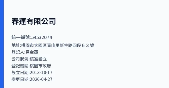 春運有限公司的照片-統編 54532074(桃園市) 公司登記資料與營業項目詳細圖表