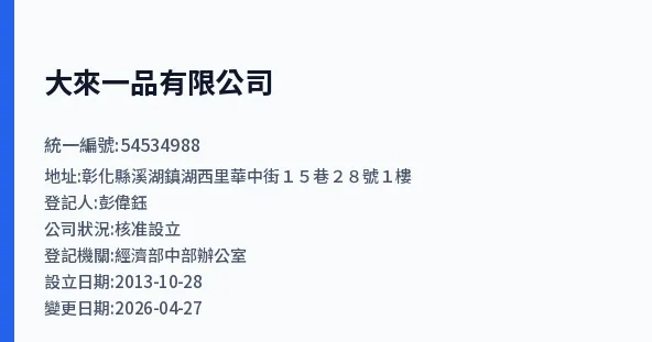 大來一品有限公司的照片-統編 54534988(彰化縣) 公司登記資料與營業項目詳細圖表