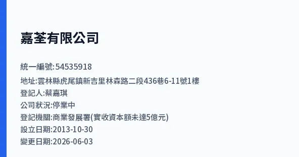 嘉荃有限公司的照片-統編 54535918(雲林縣) 公司登記資料與營業項目詳細圖表