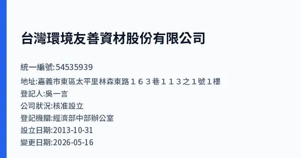 台灣環境友善資材股份有限公司的照片-統編 54535939(嘉義市) 公司登記資料與營業項目詳細圖表