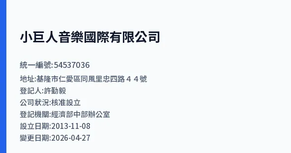 小巨人音樂國際有限公司的照片-統編 54537036(基隆市) 公司登記資料與營業項目詳細圖表