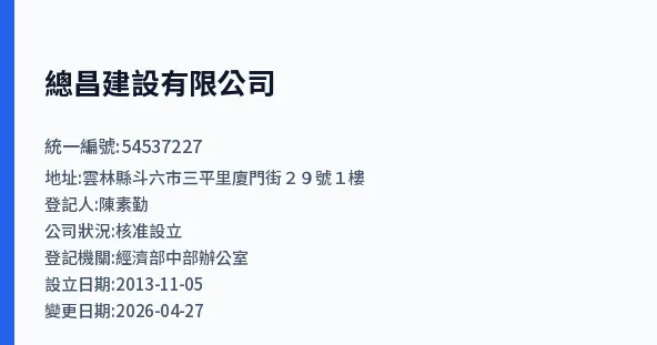 總昌建設有限公司的照片-統編 54537227(雲林縣) 公司登記資料與營業項目詳細圖表