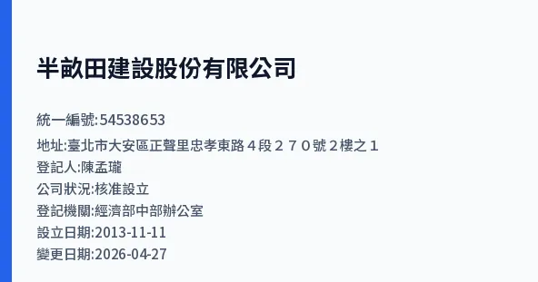 半畝田建設股份有限公司的照片-統編 54538653(臺北市) 公司登記資料與營業項目詳細圖表