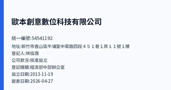 歐本創意數位科技有限公司的照片-統編 54541192(新竹市) 公司登記資料與營業項目詳細圖表
