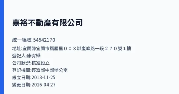 嘉裕不動產有限公司的照片-統編 54542170(宜蘭縣) 公司登記資料與營業項目詳細圖表