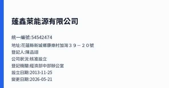 蓬鑫萊能源有限公司的照片-統編 54542474(花蓮縣) 公司登記資料與營業項目詳細圖表