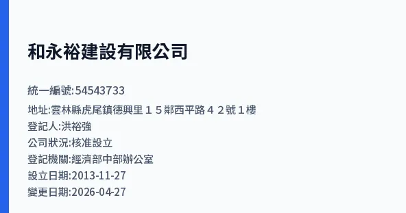 和永裕建設有限公司的照片-統編 54543733(雲林縣) 公司登記資料與營業項目詳細圖表