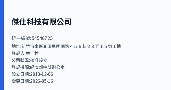 傑仕科技有限公司的照片-統編 54546725(新竹市) 公司登記資料與營業項目詳細圖表