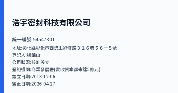 浩宇密封科技有限公司的照片-統編 54547301(彰化縣) 公司登記資料與營業項目詳細圖表