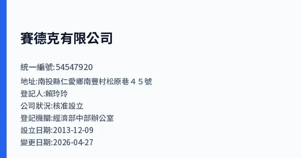 賽德克有限公司的照片-統編 54547920(南投縣) 公司登記資料與營業項目詳細圖表