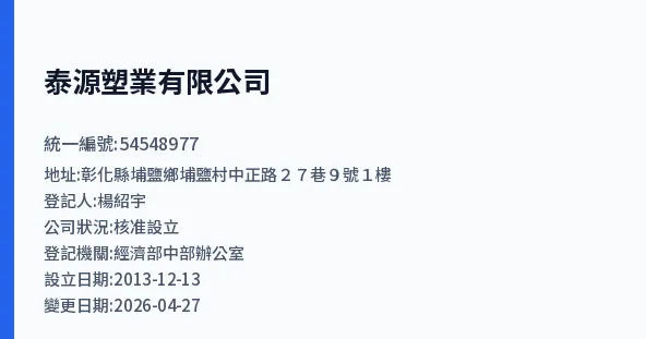 泰源塑業有限公司的照片-統編 54548977(彰化縣) 公司登記資料與營業項目詳細圖表