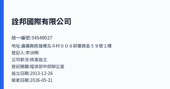 詮邦國際有限公司的照片-統編 54549027(嘉義縣) 公司登記資料與營業項目詳細圖表