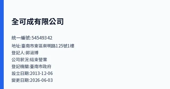 全可成有限公司的照片-統編 54549342(臺南市) 公司登記資料與營業項目詳細圖表